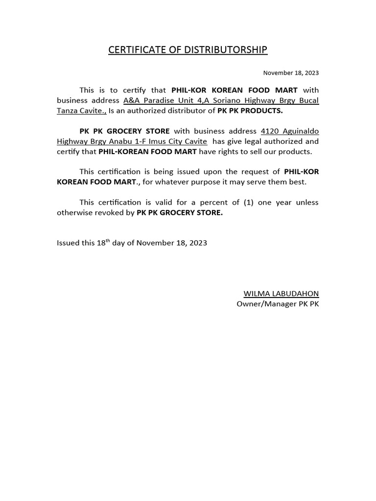Authorized Distributor Certificate for Phil-Kor | PDF