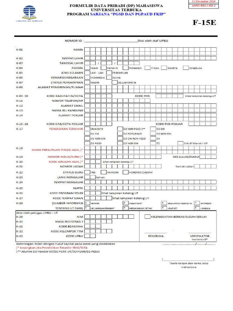 Formulir Data Pribadi Mahasiswa UT | PDF