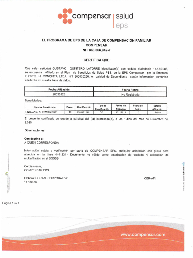 Certificado de Afiliación EPS Compensar | PDF