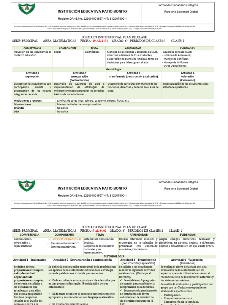 Plan de Clase 6° | PDF | Conjunto (Matemáticas) | Educación de la primera infancia