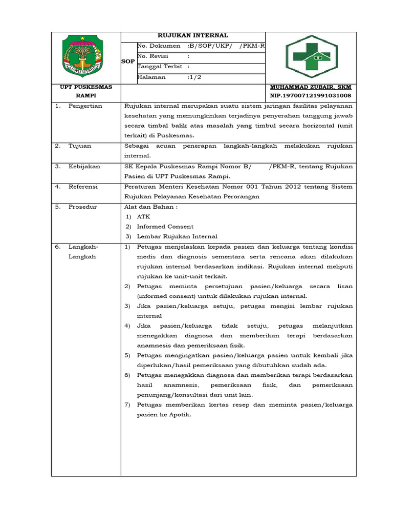 7.5.1.1 Sop Rujukan Internal | PDF