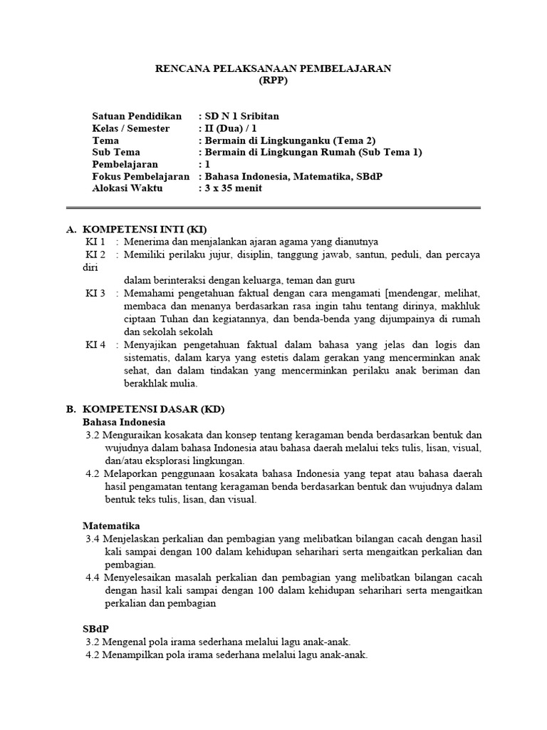 Kelas 2 RPP Tema 2 Sub 1 Pem 1 | PDF