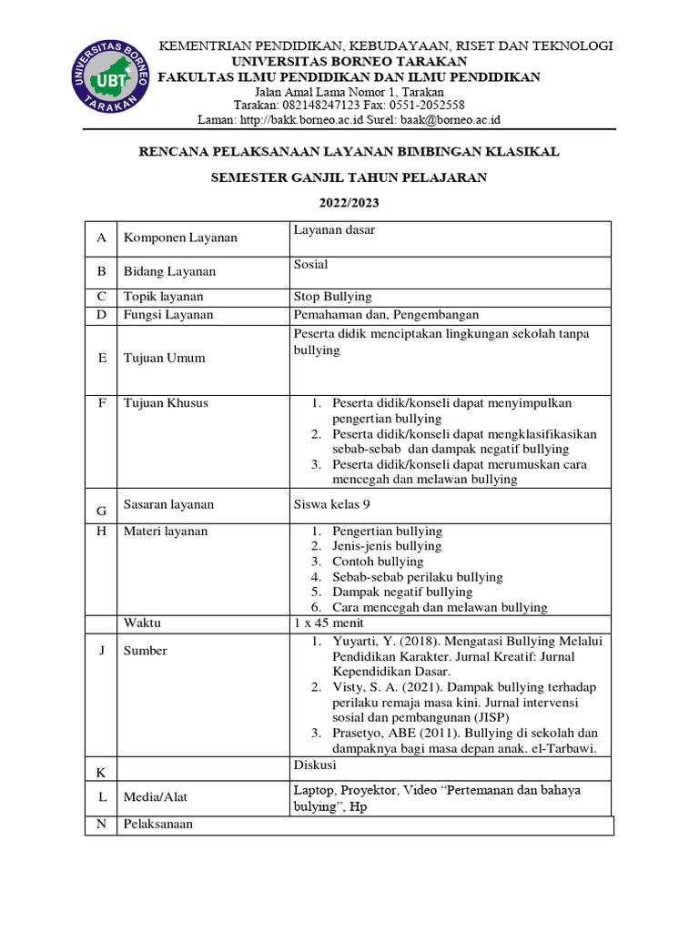 Rencana Pelaksanaan Layanan Bimbingan Klasikal Revisi | PDF