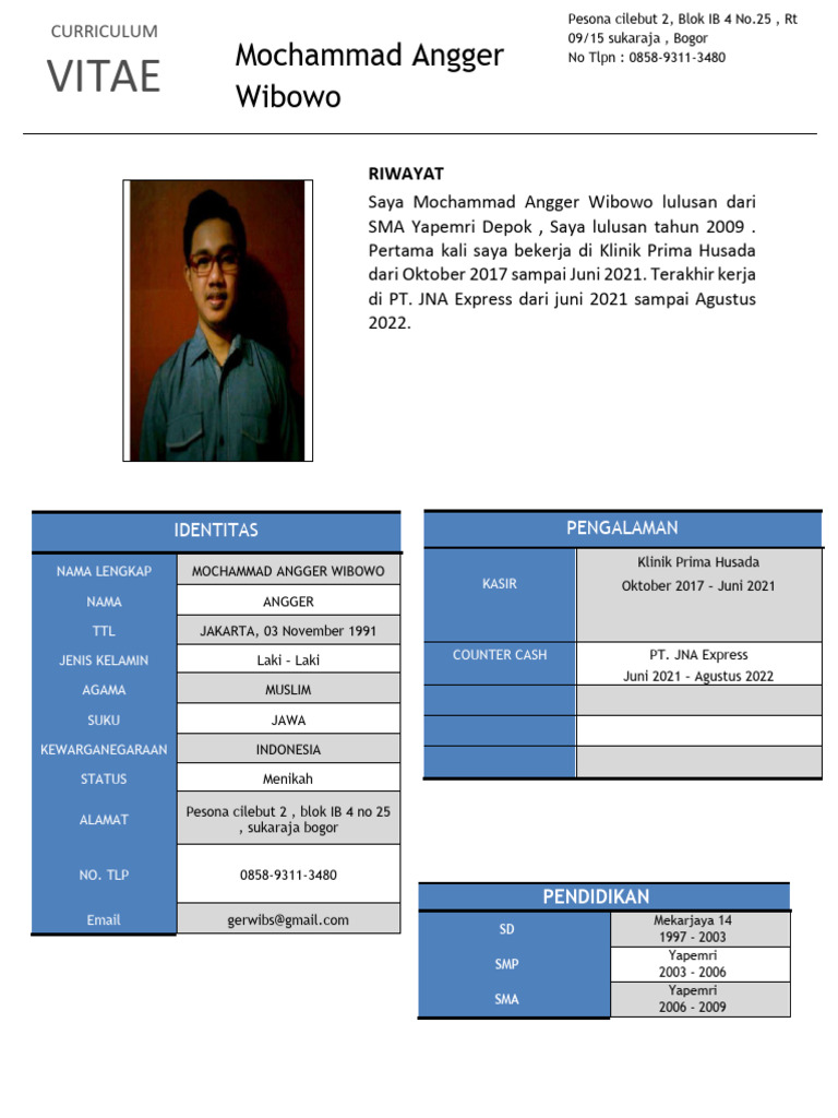 CV Mochammad Angger Wibowo: Pengalaman Kasir dan Pendidikan | PDF