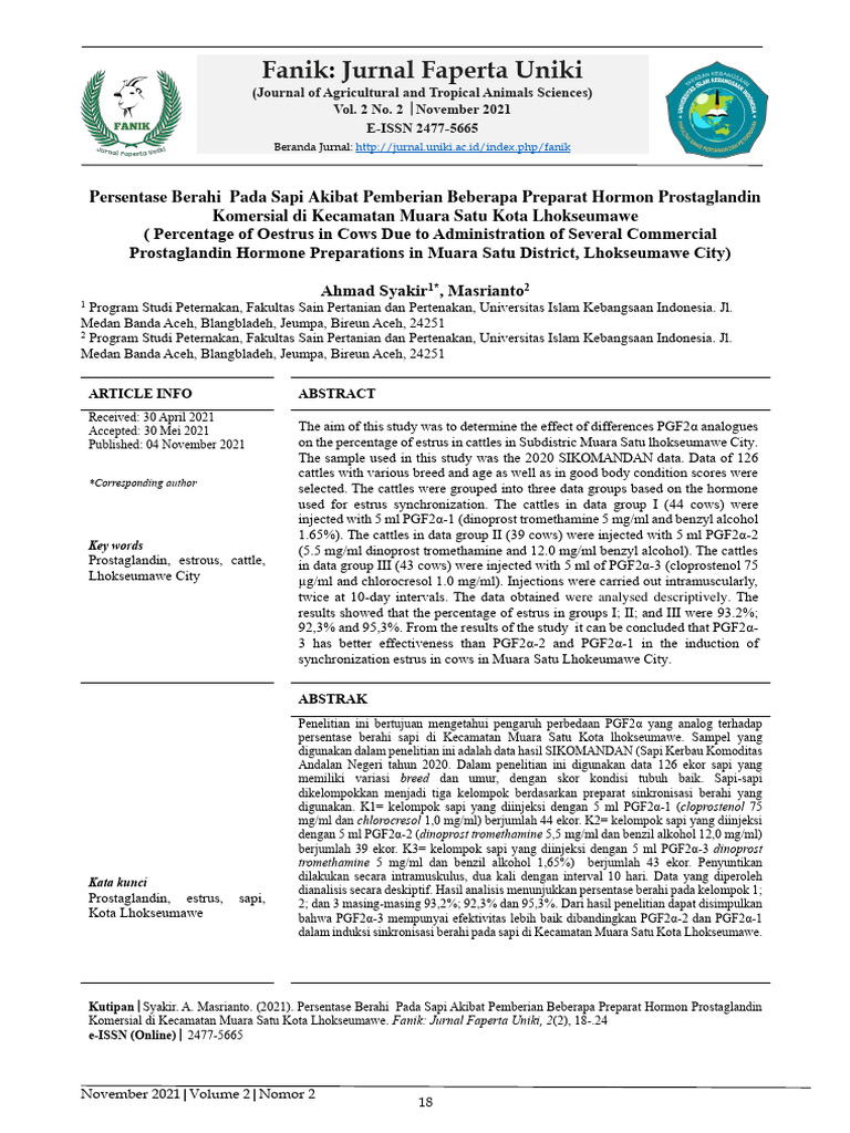 Jurnal Fanik Persentase Birahi | PDF | Reproduction | Endocrine System