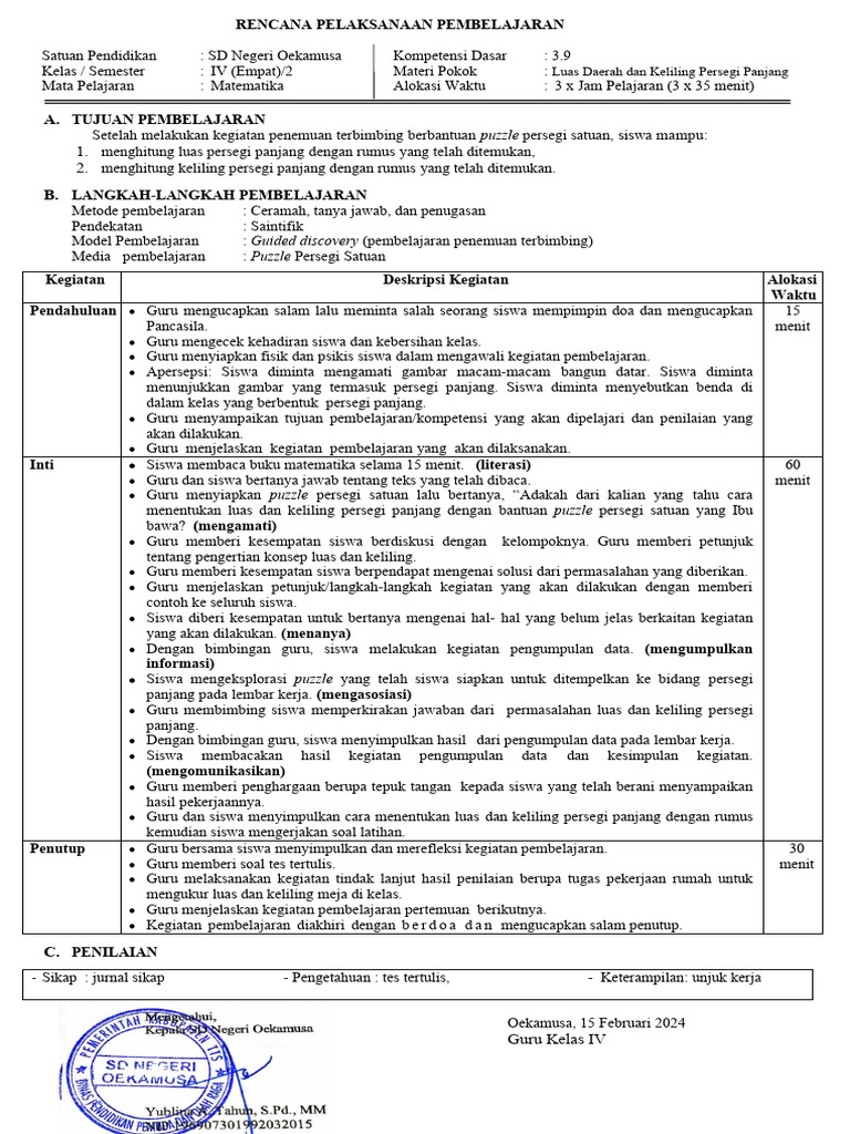 RPP 1 Lembar Luas Persegi Panjang | PDF | Metode & Bahan Ajar