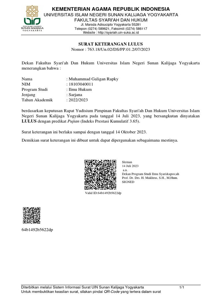 Surat Keterangan Lulus UIN Suka | PDF
