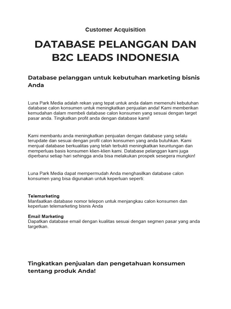 Database Pelanggan Dan B2C Leads Indonesia | PDF