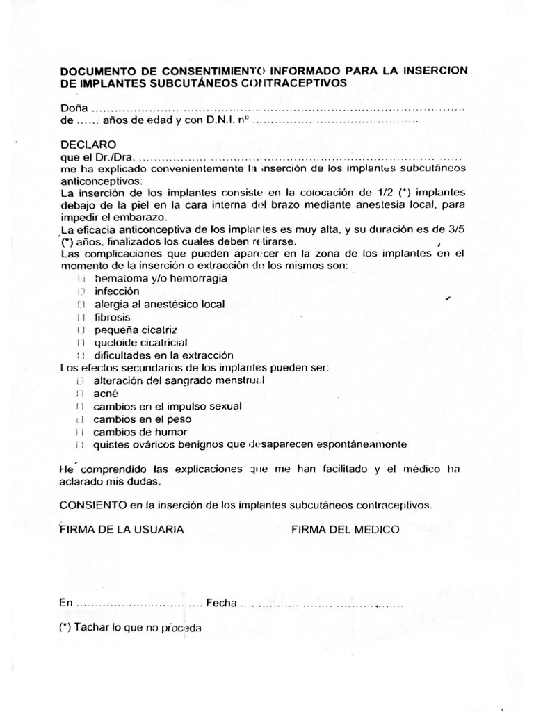 Consentimiento Informado Sobre Implante Subdérmico Hormonal | PDF