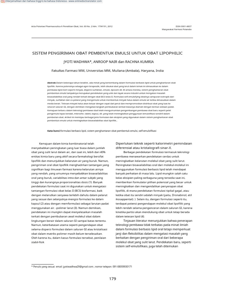 Emulsion Forming Drug Delivery System For Lipophilic Drugs - En.id | PDF