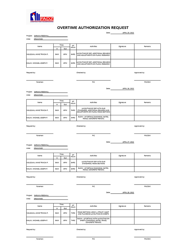 Overtime Authorization Request Form | PDF