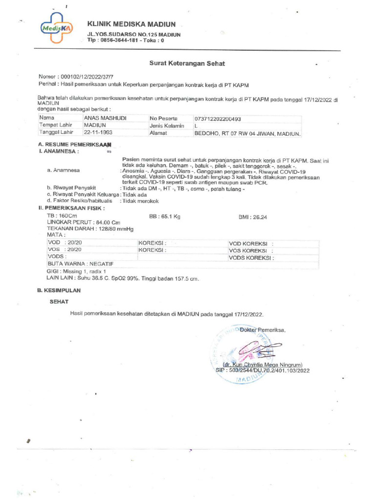 Surat Sehat Anas | PDF