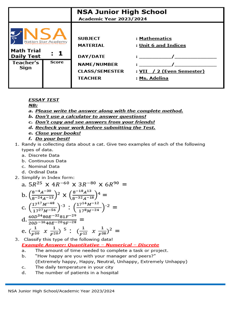 Math - Grade 7 - Daily Test Unit 6 and Indices - 2023 and 2024 | PDF ...
