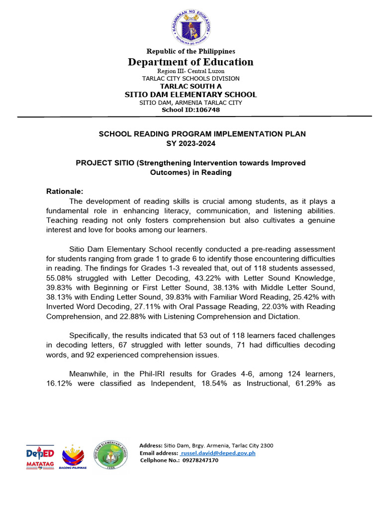 iMPLEMENTATION PLAN - School Reading Program | PDF | Reading Comprehension | Reading (Process)