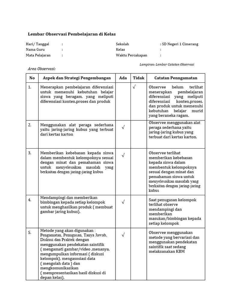 Lembar Observasi Pembelajaran Di Kelas | PDF