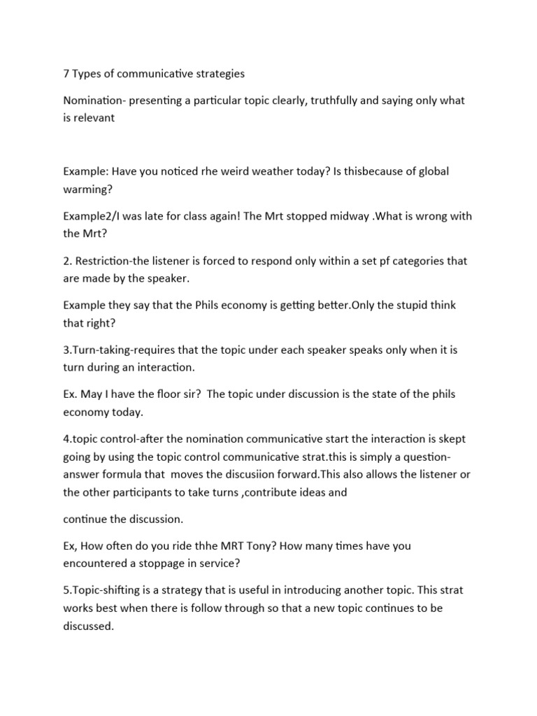 7 Types of Communicative Strategies | PDF | Conversation | Communication