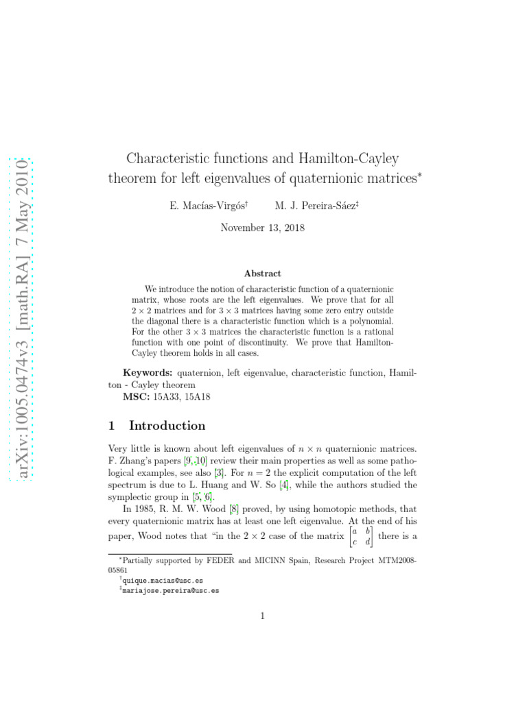 1005.0474 Characteristic Functions and Hamilton-Cayley | PDF | Matrix ...