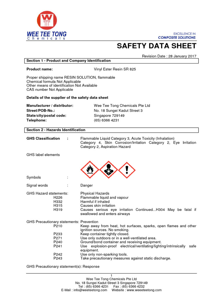SDS VE Resin SR 825 2017 | PDF | Toxicity | Dangerous Goods