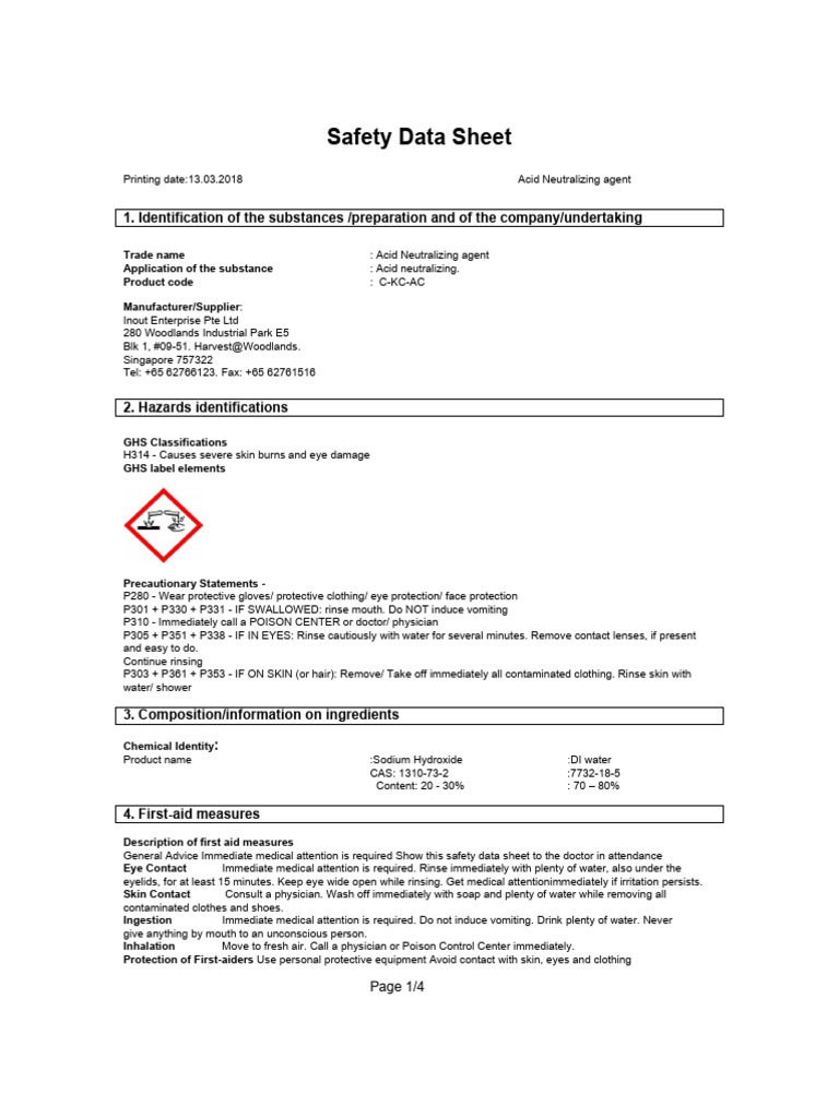 Acid Neutralizing Agent Safety Guide | PDF | Toxicity | Water