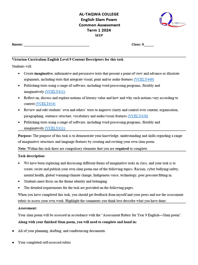 Year 9 Slam Poem Common Assessment 1 SEEP Term 1 | Download Free PDF ...