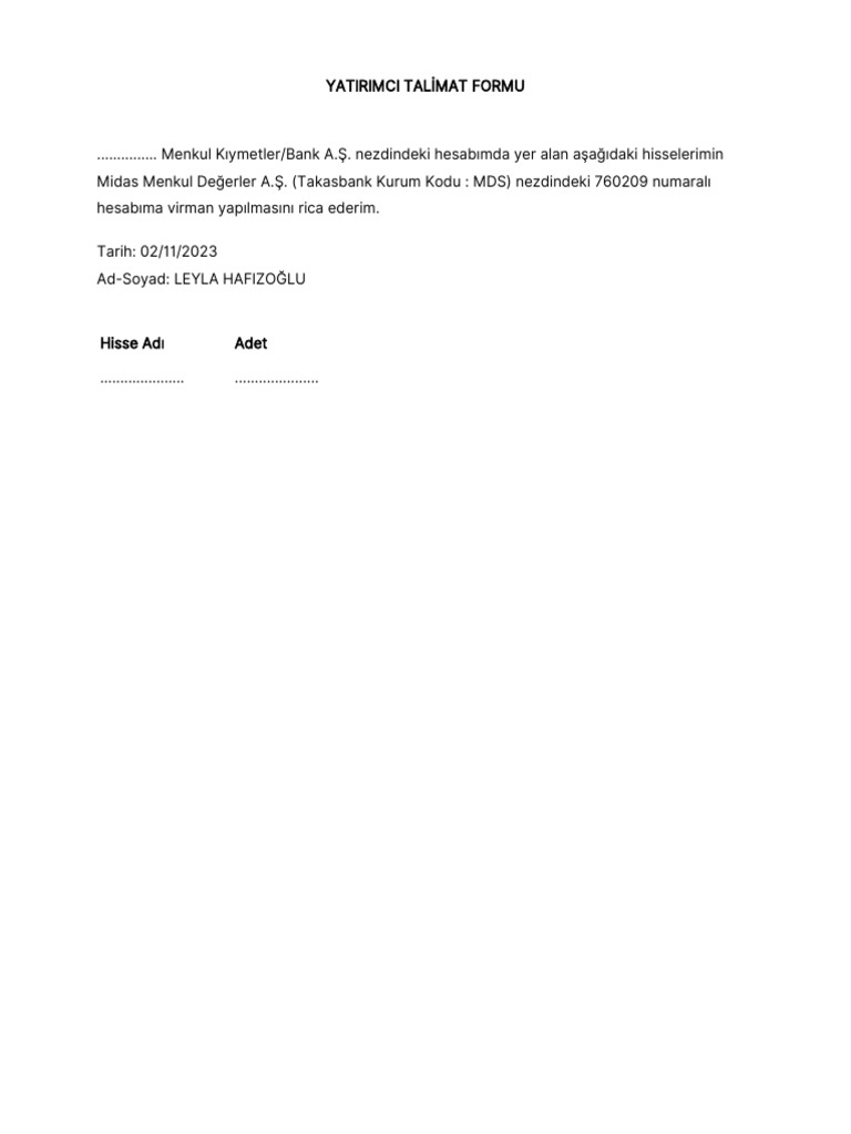 Yatırımcı Virman Talimat Formu | PDF