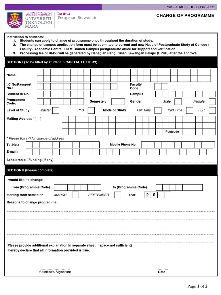 04 - Change of Programme - Pin 2022 Acad-90 | PDF | Postgraduate Education