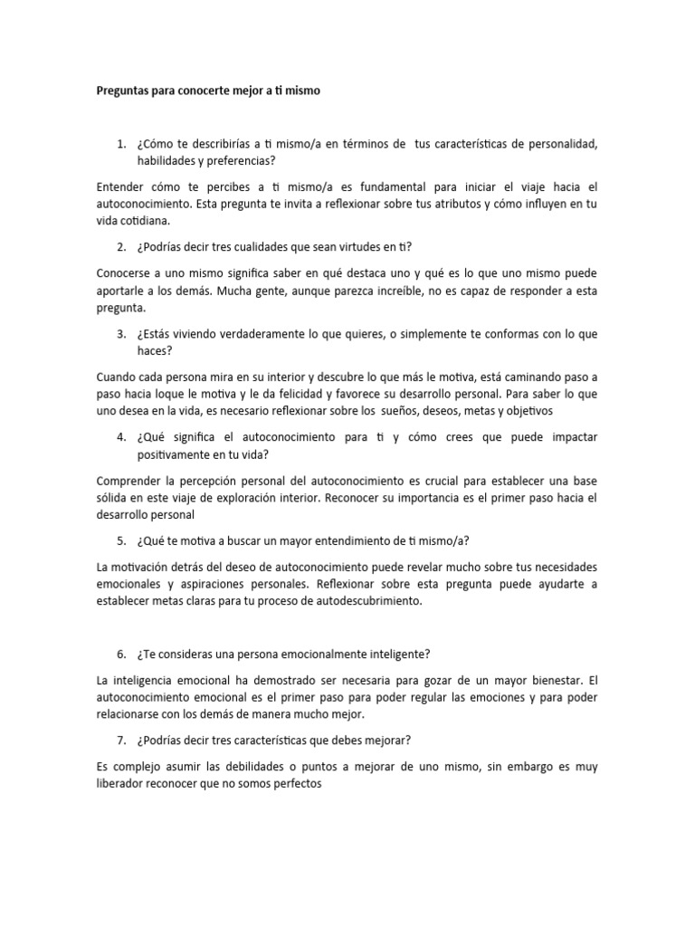 Autoconocimiento. Preguntas para Conocerte Mejor A Ti Mismo | PDF | Las emociones | Felicidad
