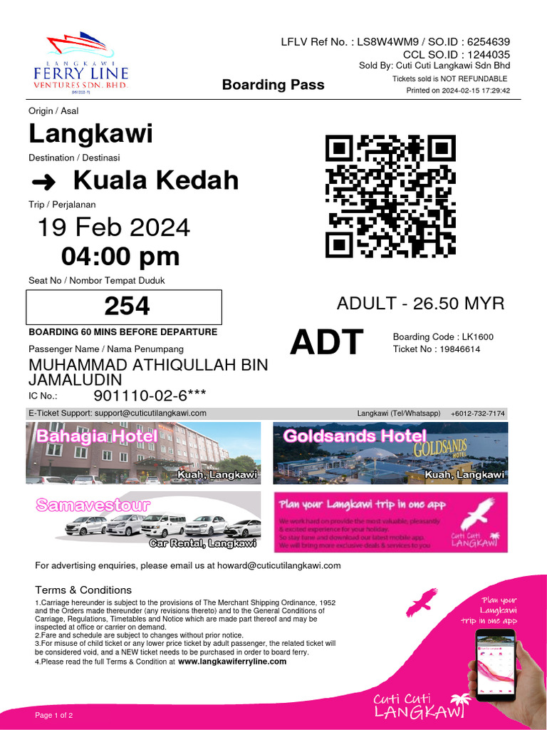 Langkawi to Kuala Kedah Ferry Tickets | PDF | Service Industries ...