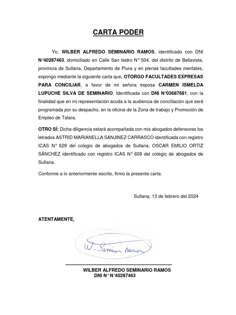 Carta Poder para Conciliación en Talara | PDF