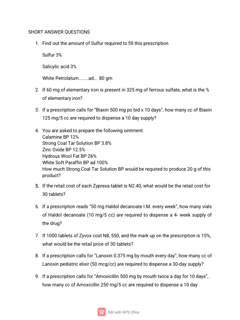 Pharmacy Dispensing Practice Questions | PDF