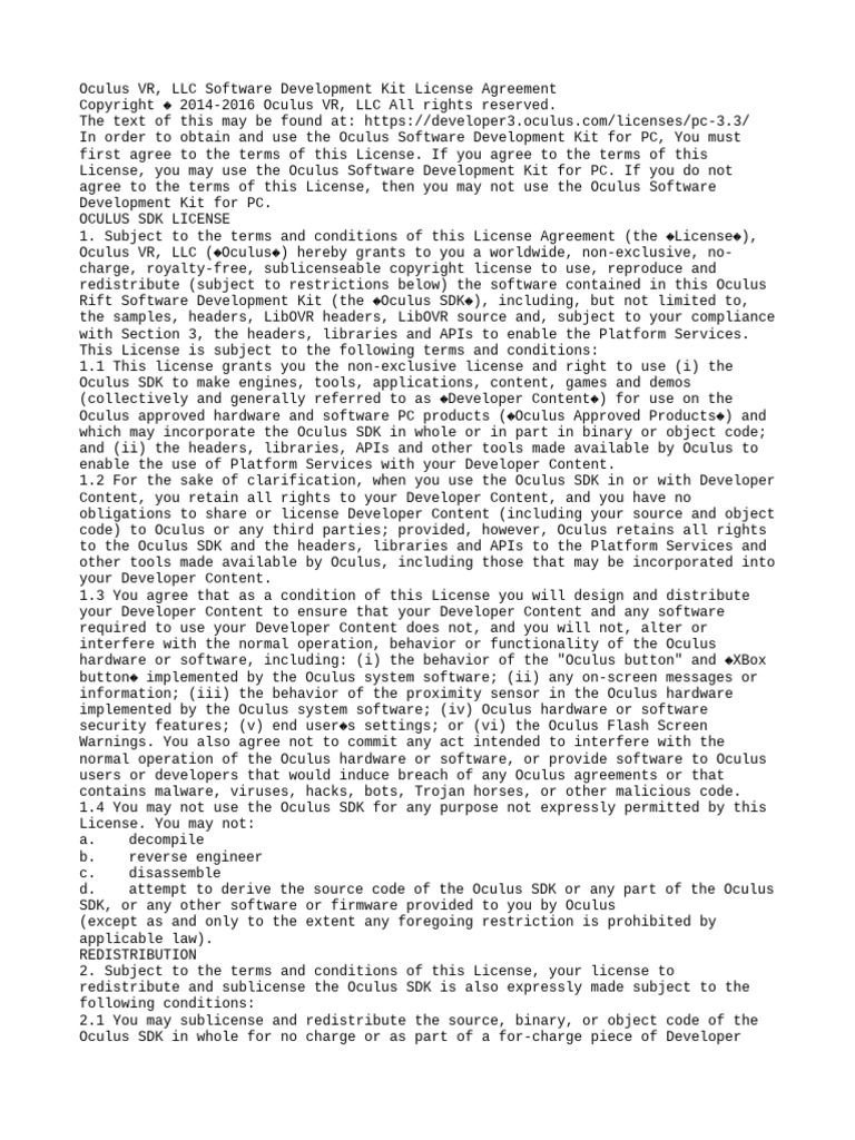 Oculus VR, LLC Software Development Kit License Agreement | PDF ... Oculus VR, LLC Software Development Kit License Agreement | PDF ...