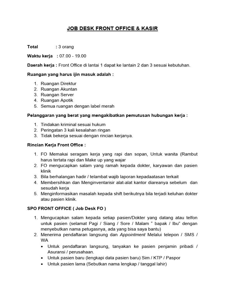 Job Desk Front Office Klinik | PDF | Hukum
