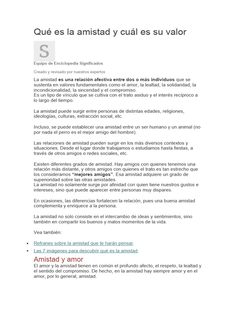 Qué Es La Amistad y Cuál Es Su Valor | PDF | Amor | Amistad