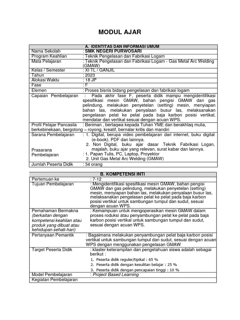 Modul Ajar GMAW SMK Purwosari | PDF