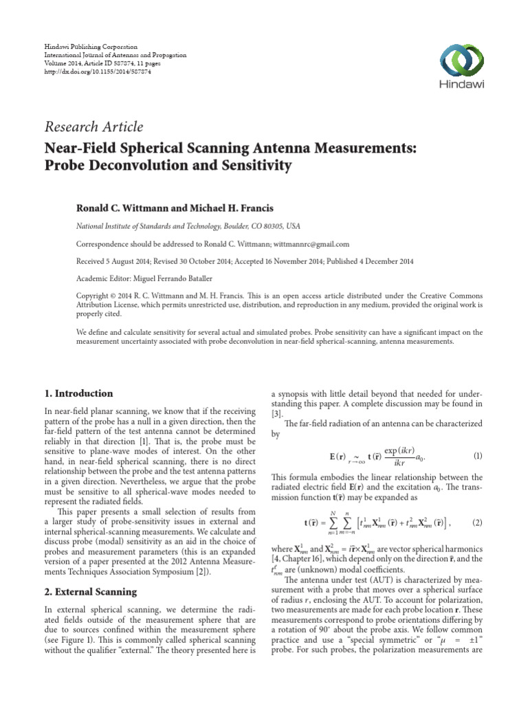 Research Article: Near-Field Spherical Scanning Antenna Measurements: Probe Deconvolution and ...