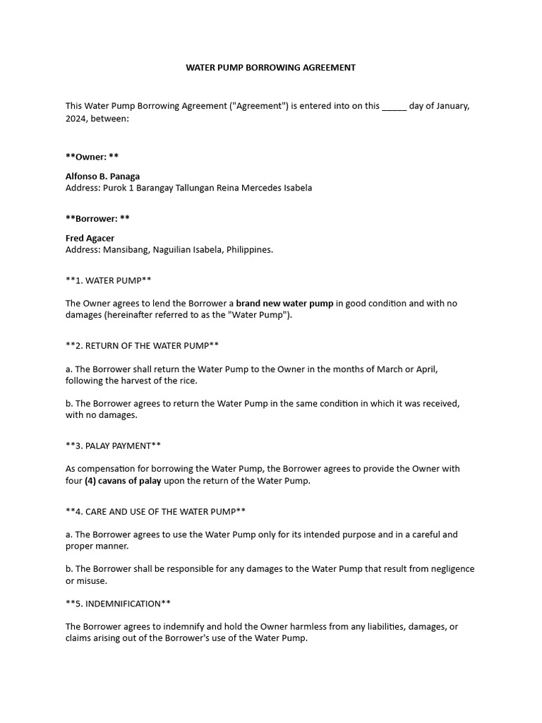 Water Pump Borrowing Agreement 2024 | PDF | Home & Garden