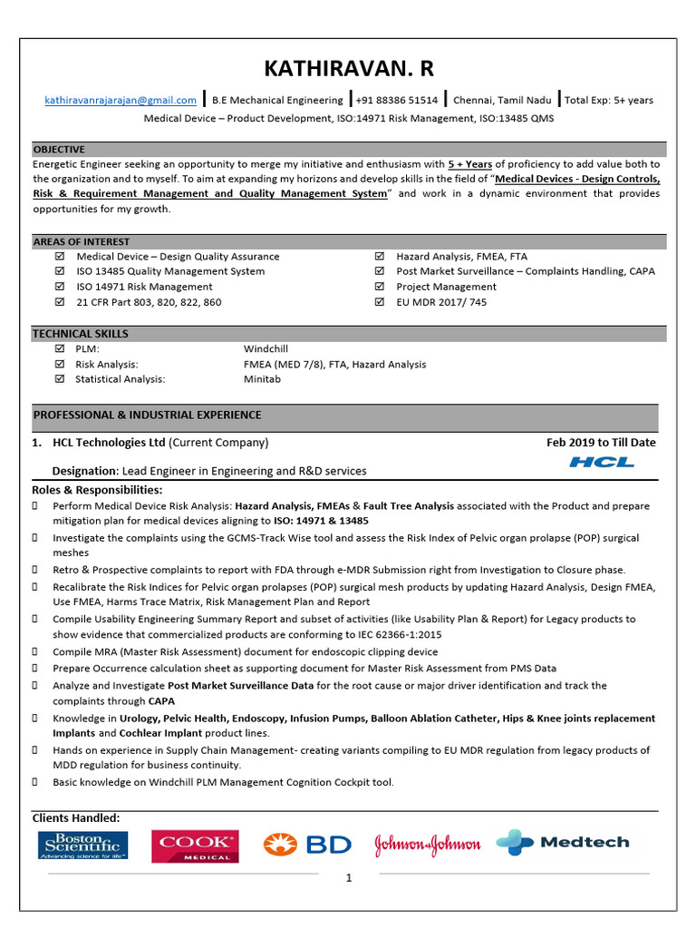 Kathiravan Resume | PDF | Risk Management | Medical Device