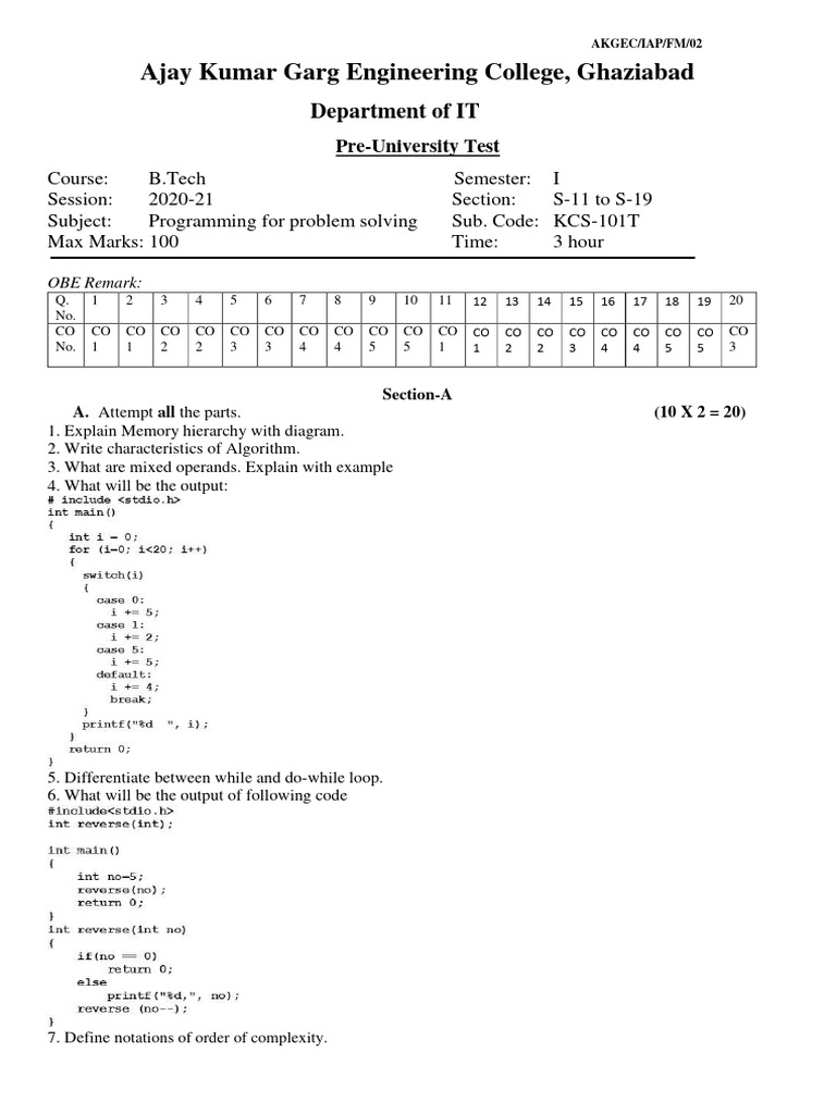 Programming For Problem Solving KCS-101T PUT QP ODD 20-21 | PDF | Computer Program | Programming