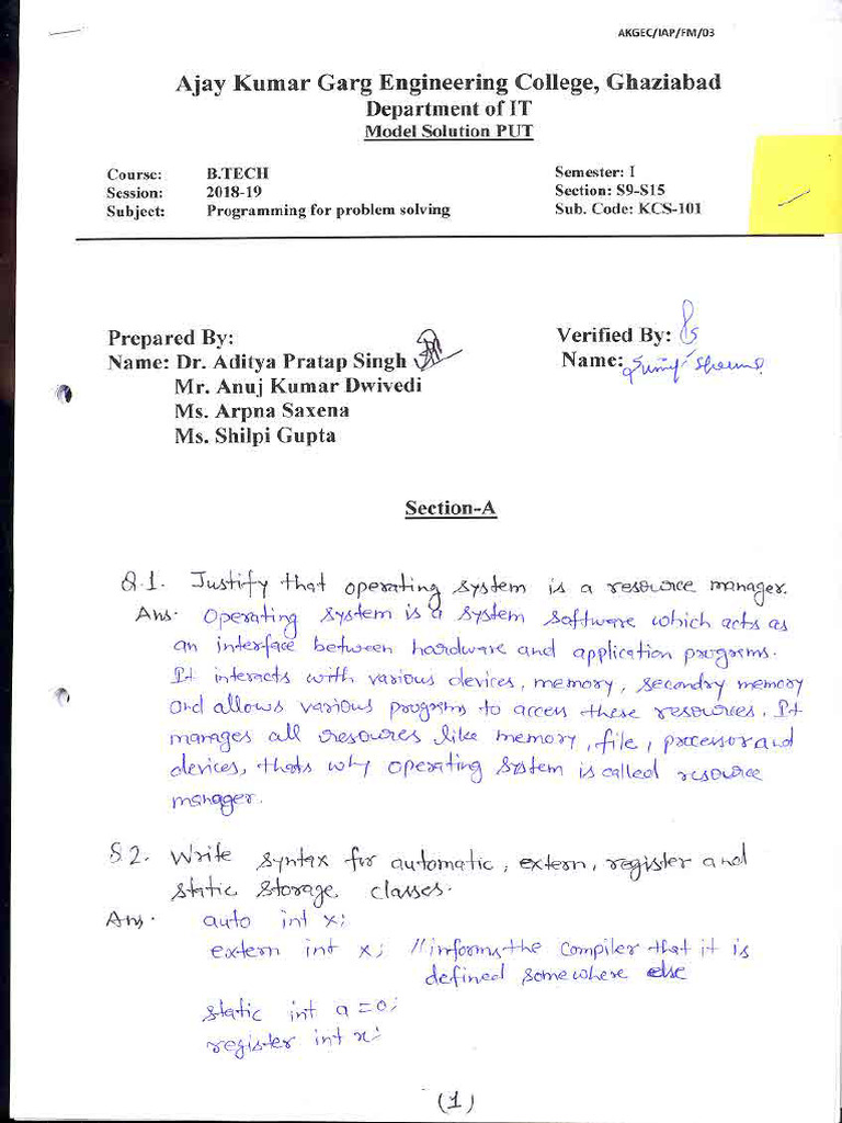 Programming For Problem Solving KCS-101 PUT Sol ODD 18-19 | PDF