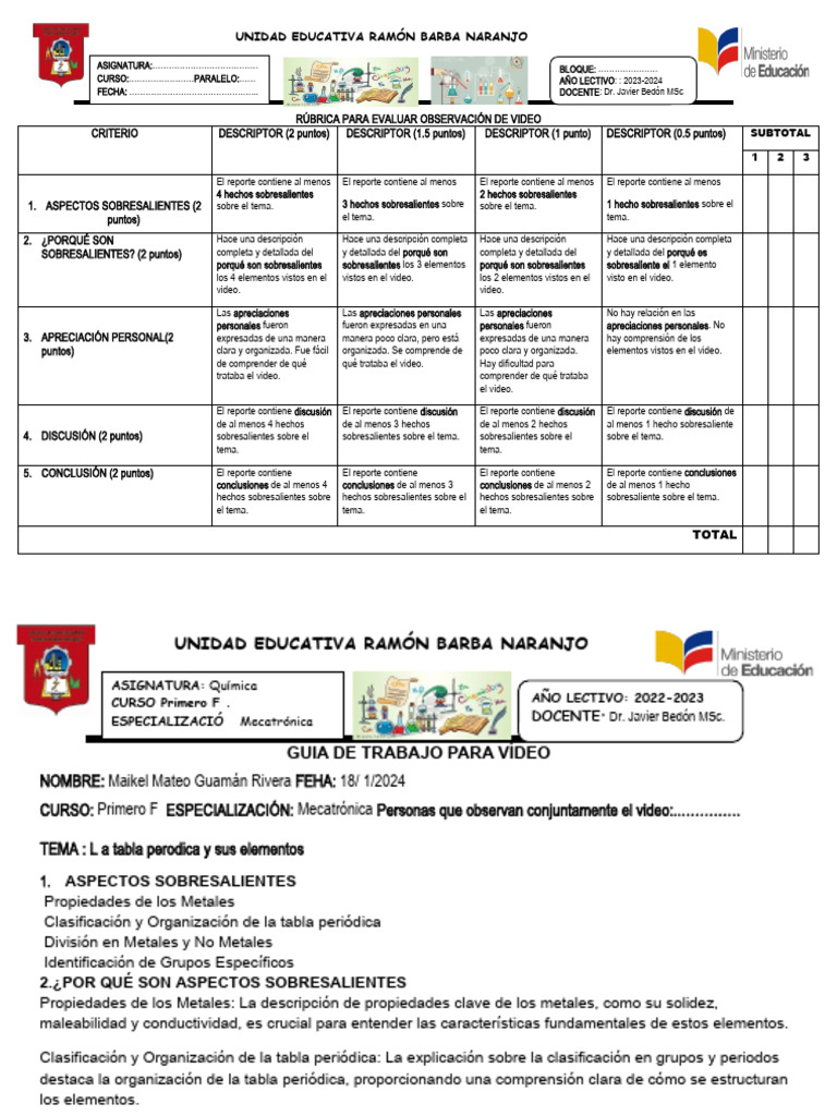 Guía y Rúbrica de Observación de Video | PDF | Tabla periódica | Química