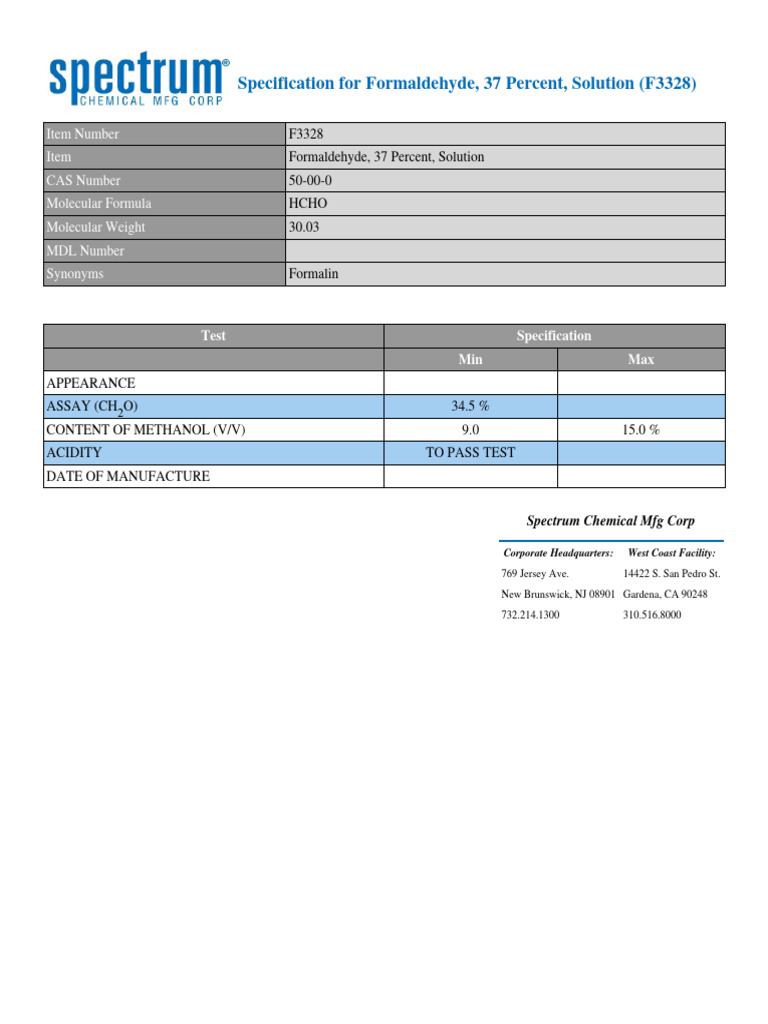 Formaldehyde 37% Solution Specifications | PDF