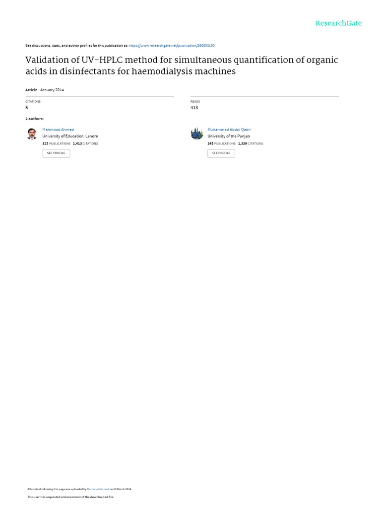 Validation Of Uv Hplc Method For Simultaneous Quantification Of Organic Acids In Disinfectants