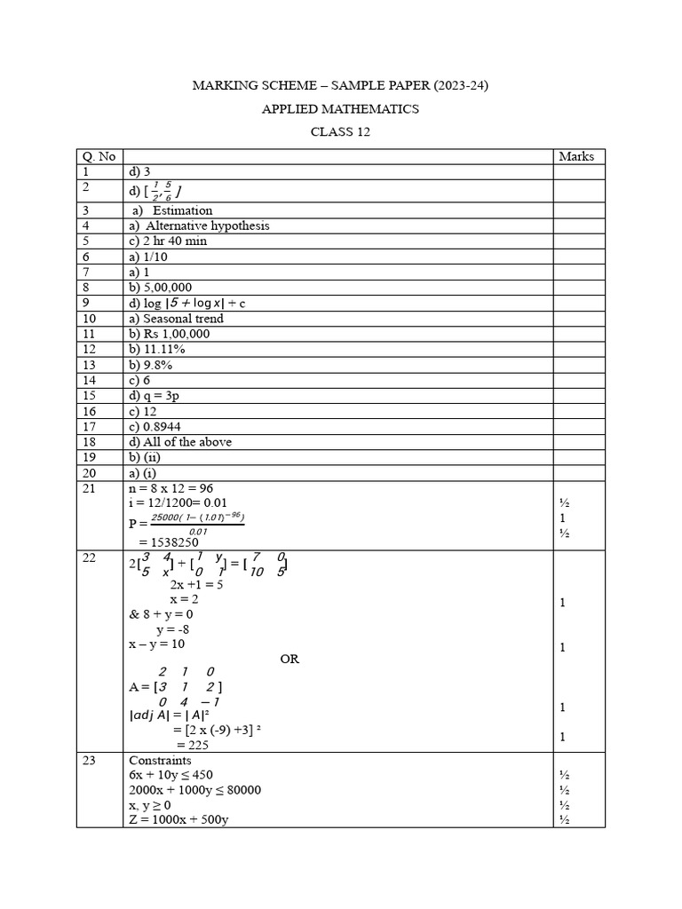 Class 12 - Applied Maths - Ms - Preboard 1 - 2023-24 | PDF | Applied Mathematics | Mathematics