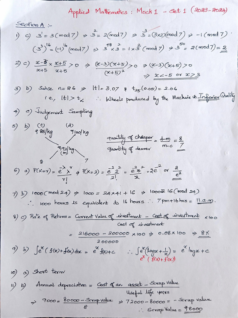CLASS XII APPLIED MATHS QP Set A 2023-24 (SOLUTIONS) | PDF