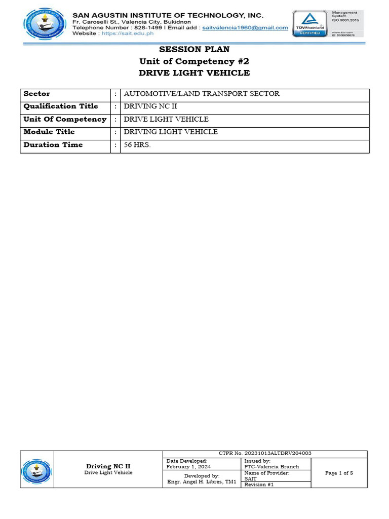 Driving NC II Session Plan | PDF | Manufactured Goods | Transport