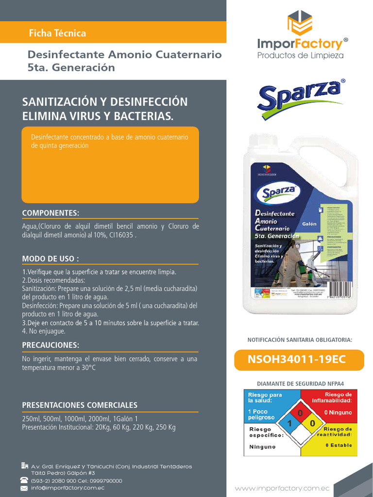 Desinfectante Amonio Cuaternario 5ta Generacion Ficha | PDF