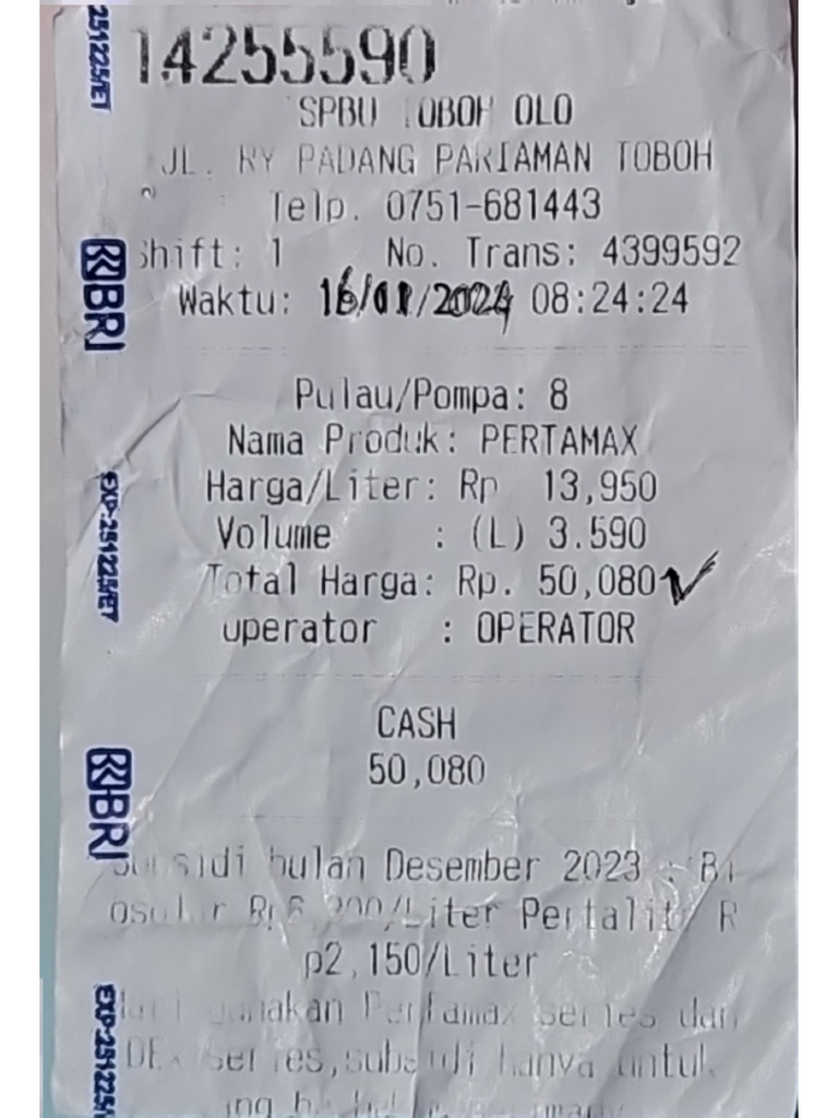 16-01-2024 - 8 Nota BBM Op P'Arif ( Pertamax 3,590 LTR), TGL | PDF