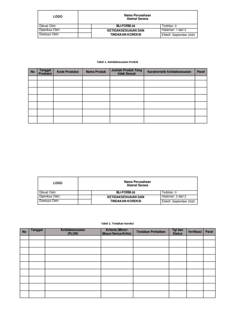 FORM-28-Formulir Ketidaksesuaian Dan Tindakan Koreksi | PDF