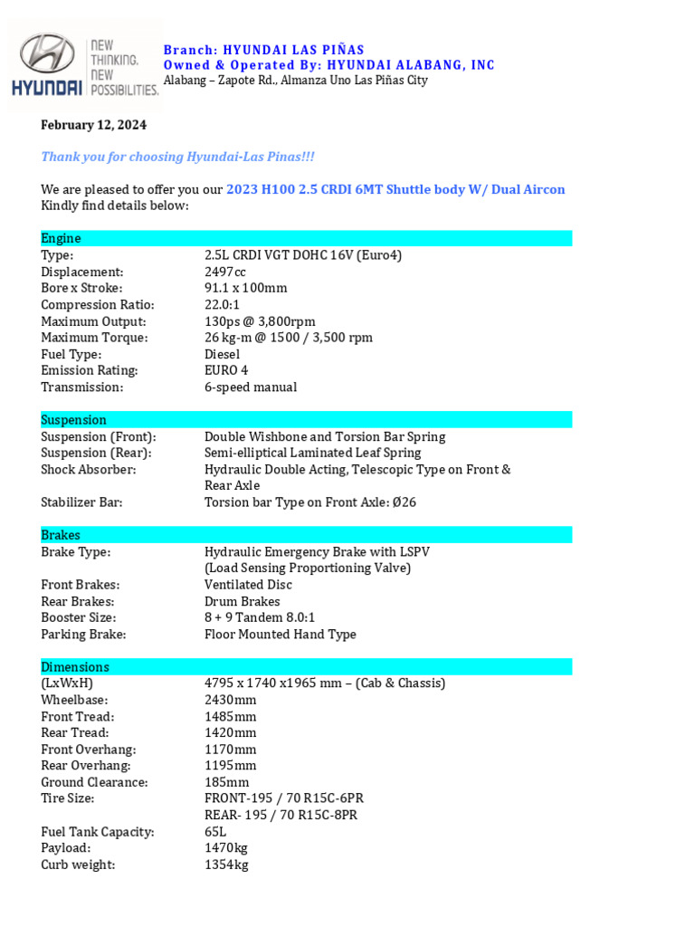 2024 Hyundai H100 Shuttle Specs | PDF | Brake | Manufactured Goods
