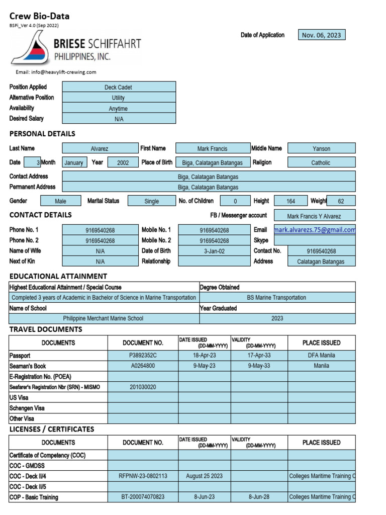 Application Form - Deck Cadet Alvarez | PDF | Travel Visa